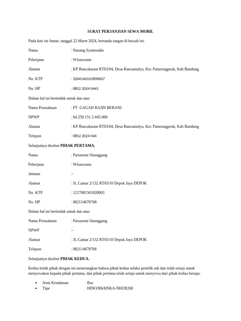Surat Perjanjian Sewa Mobil | PDF