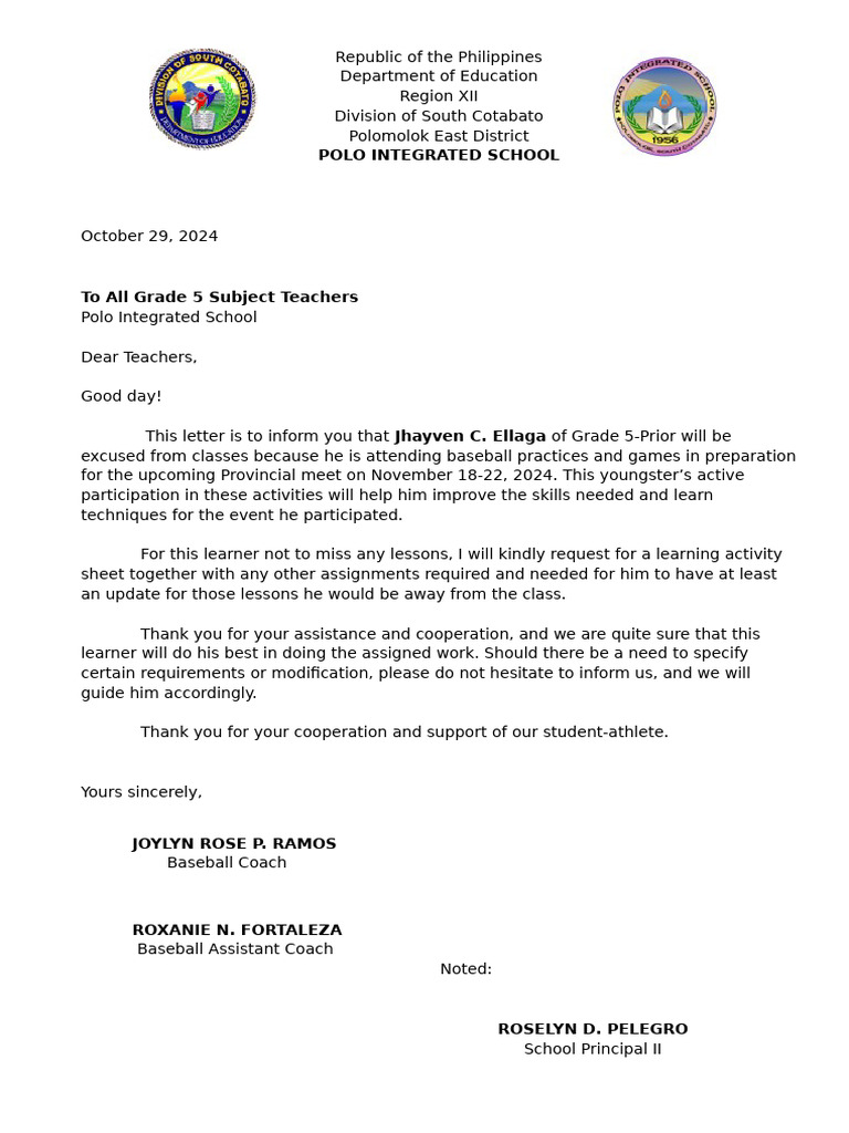 Excuse Letter For Players | PDF