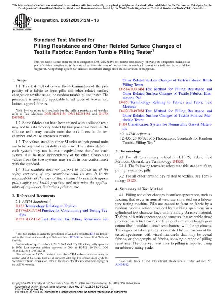 ASTM D 3512 Standard Test Method For Pilling Resistance and Other ...