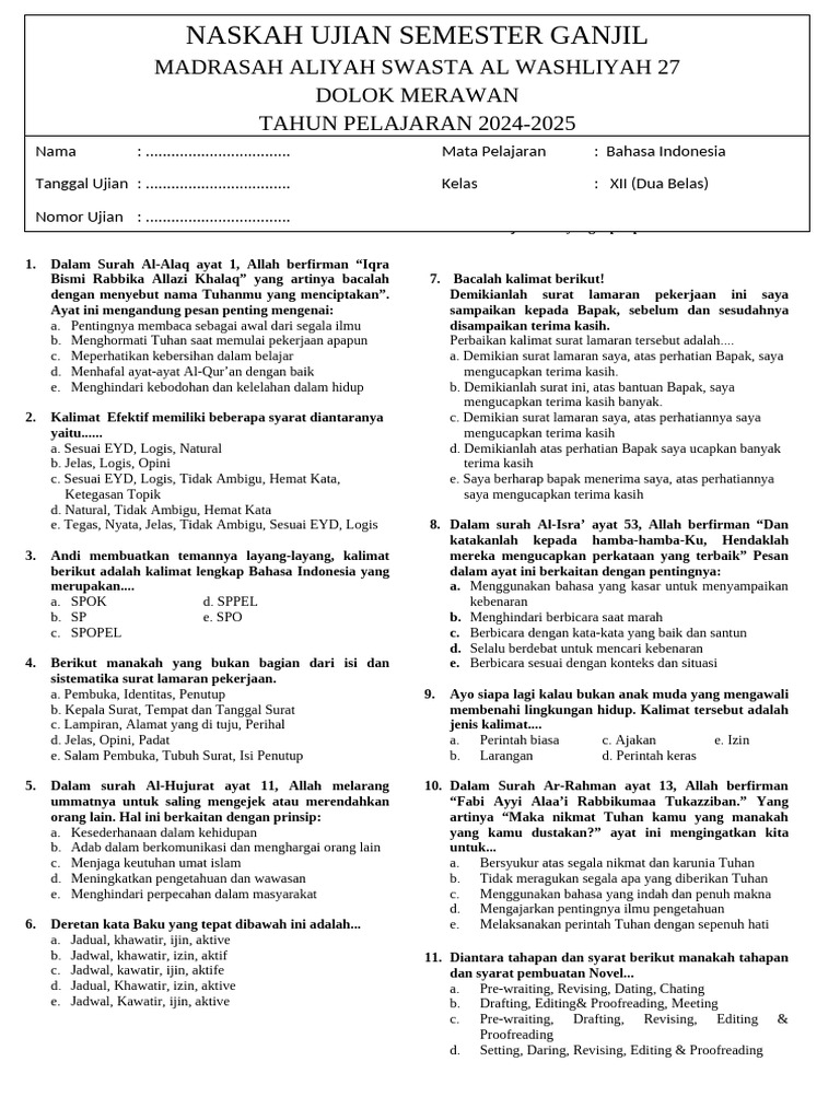 Naskah Soal Bahasa Indonesia Semester Genap | PDF