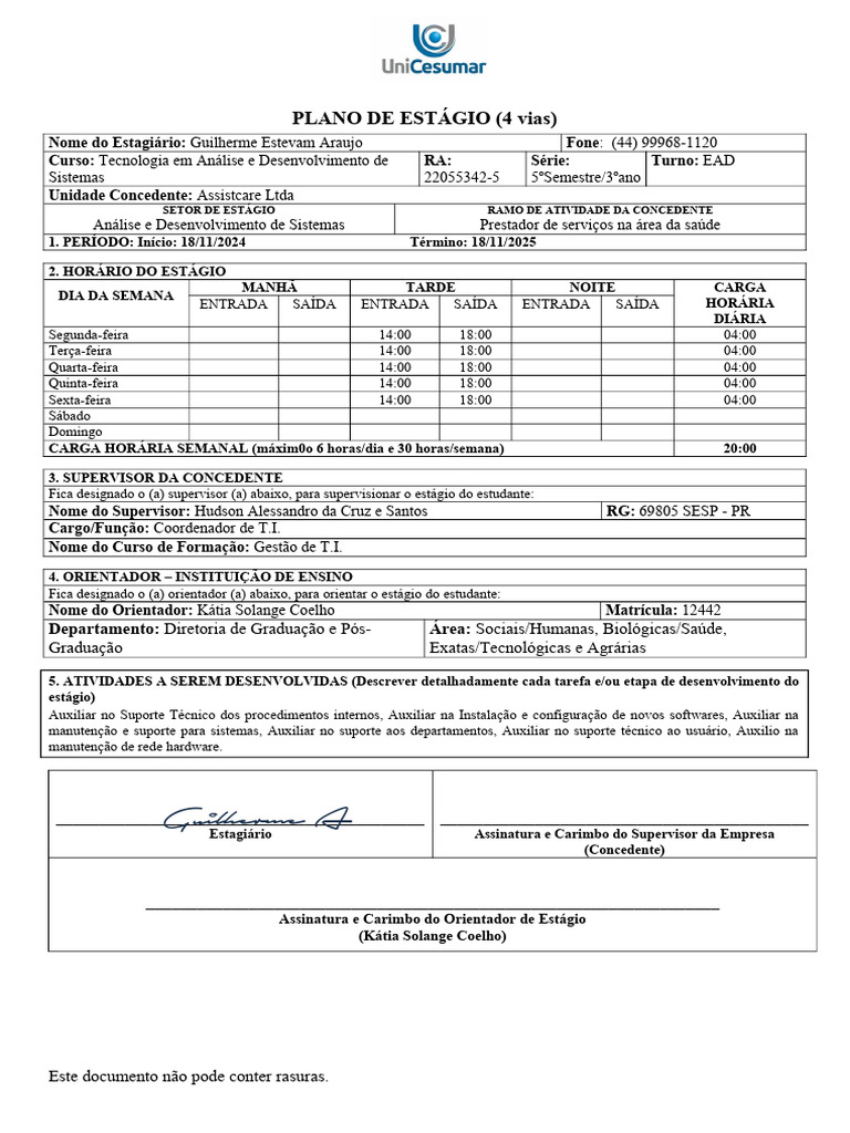 Plano de Estágio - Portal Próprio UniCesumar EAD - TCE 42333 [Assinado] | PDF | Informática