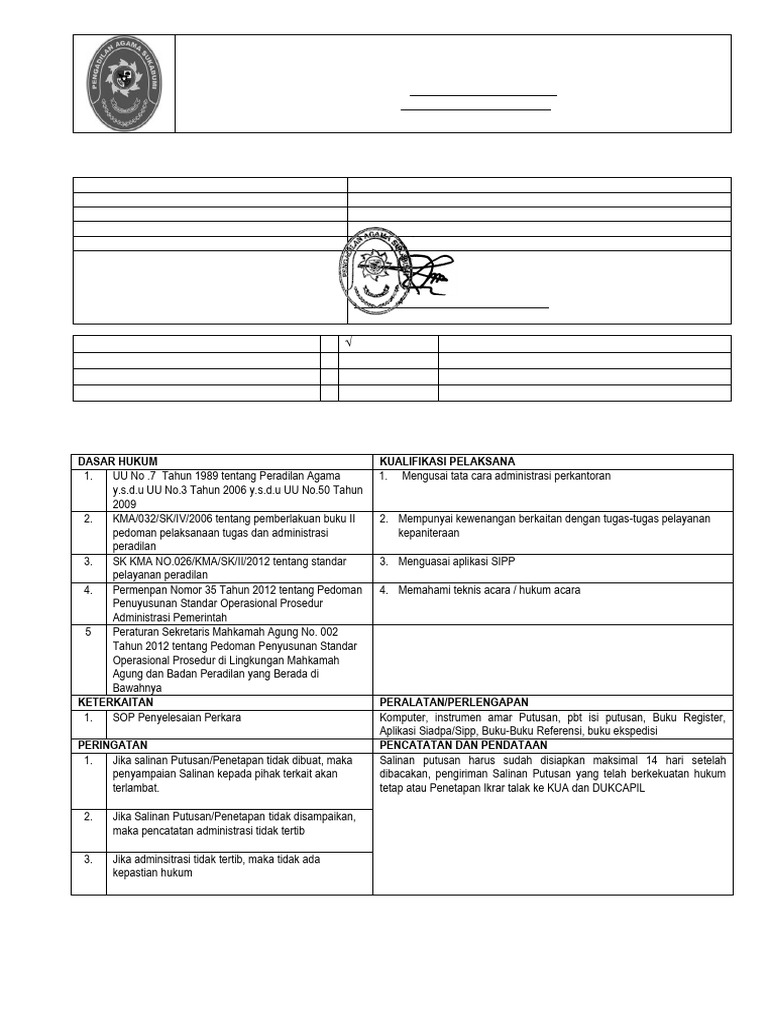 3.34 SOP Pelayanan Pengiriman Salinan Putusanpenetapan Yg Telah BHT Ke KUA OK | PDF
