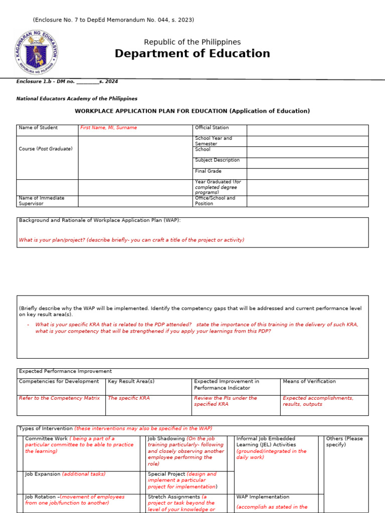 Workplace Application Plan for Education | PDF | Learning | Behavior ...