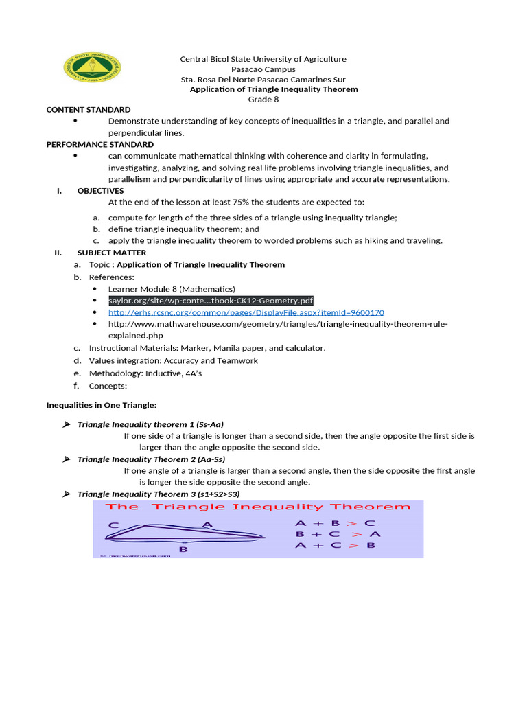 Application of Triangle Inequality Theorem | PDF | Triangle | Mathematics