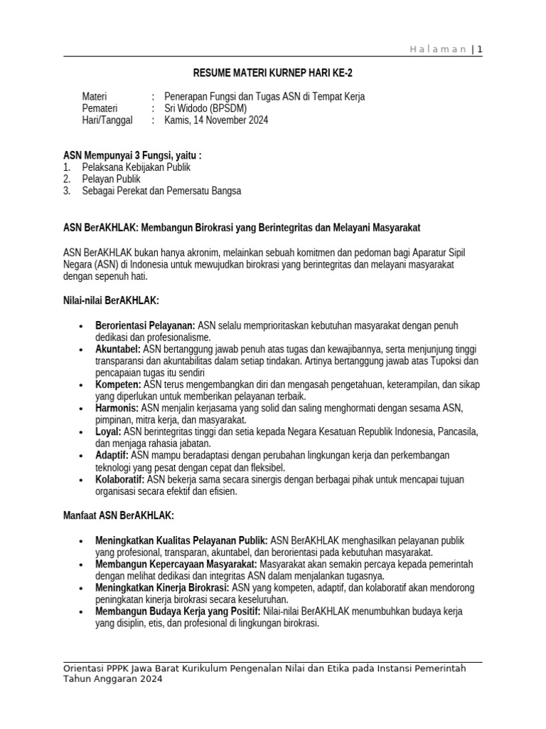 03 Resume Penerapan Fungsi Dan Tugas Asn Di Tempat Kerja 11-07-2024 | PDF