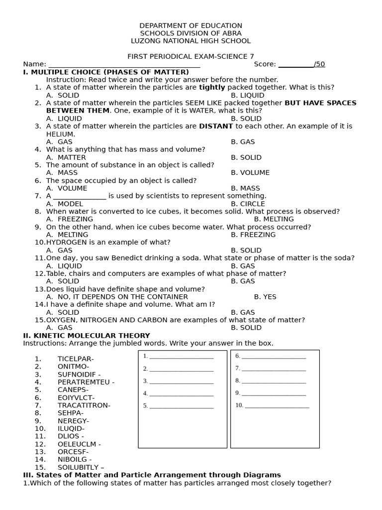 Science 7 Periodical Exam Guide | PDF | Gases | Matter