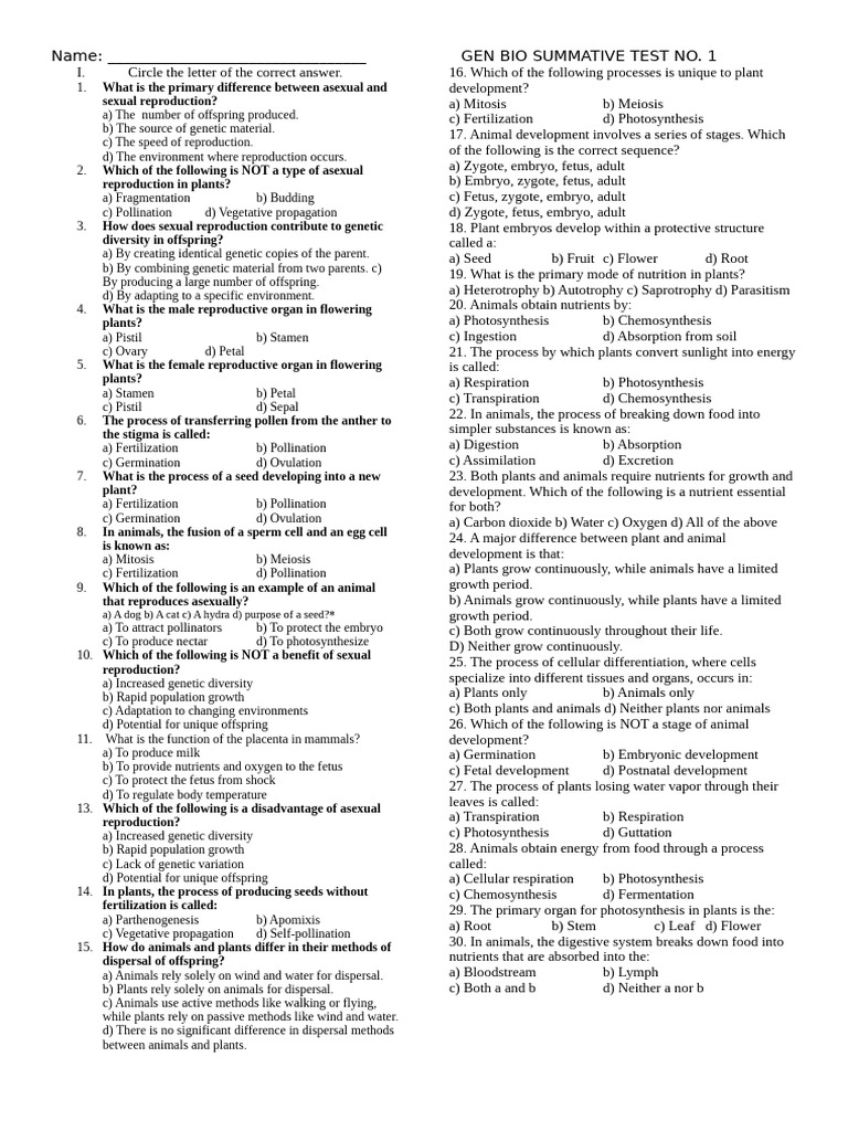 Gen Bio 2 Summative Test q2-1 | PDF | Sexual Reproduction | Reproduction