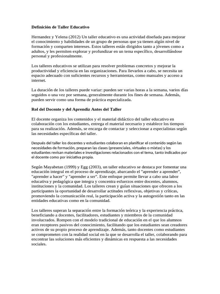 Definición de Taller Educativo | PDF | Enseñando | Aprendizaje