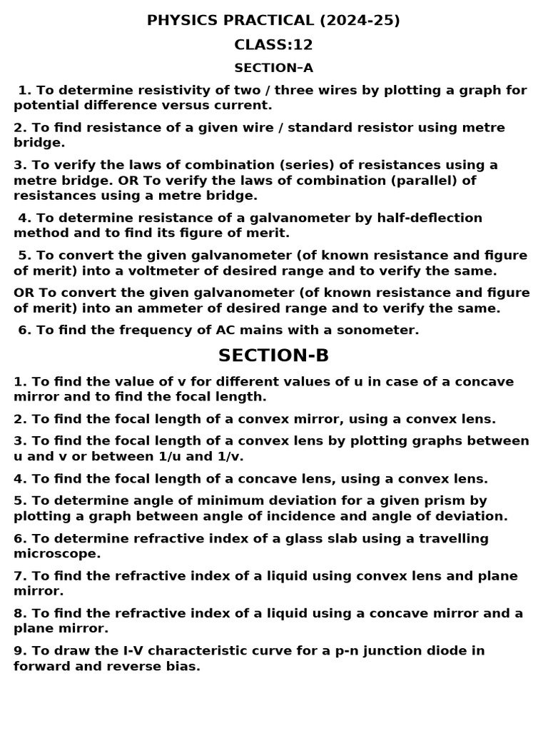 Class 12 Physics Practical Experiments | PDF