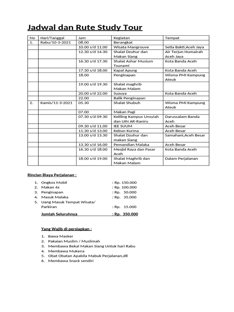 Jadwal Dan Rute Study Tour | PDF