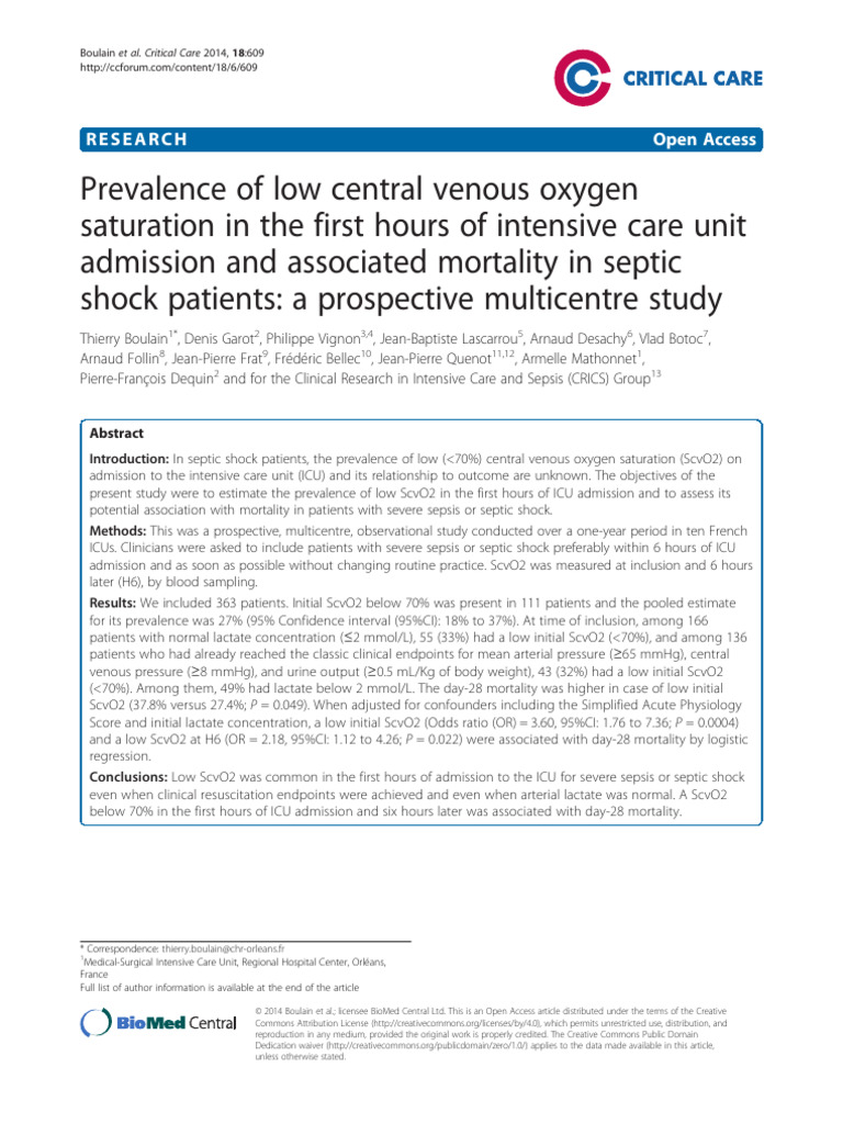 Prevalence of Low Central Venous Oxygen | PDF | Sepsis | Shock ...