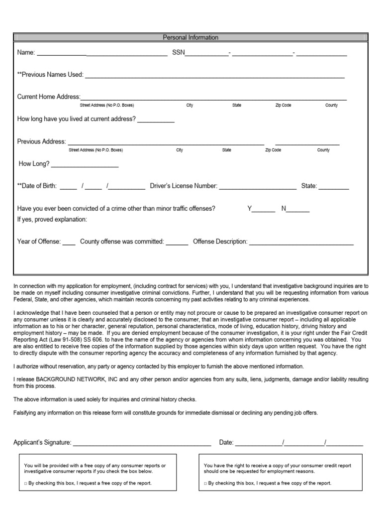 Background Authorization Form and Employment Information | PDF | Crimes ...