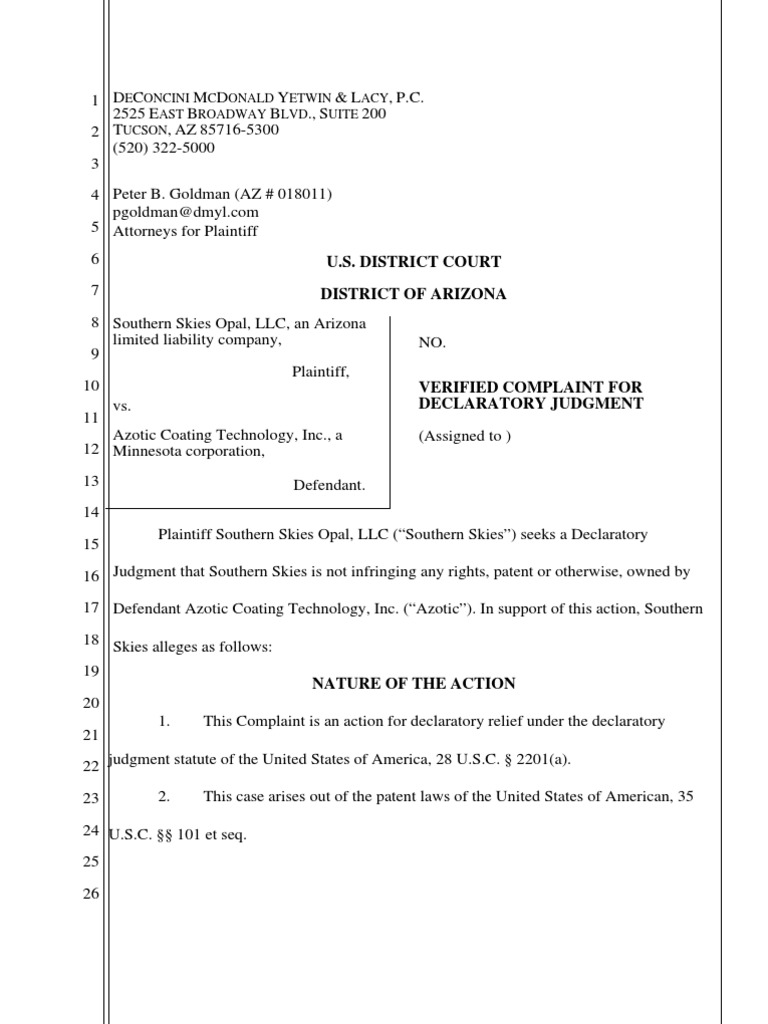 Southern Skies Opal v. Azotic Coating Technology | PDF | Declaratory ...
