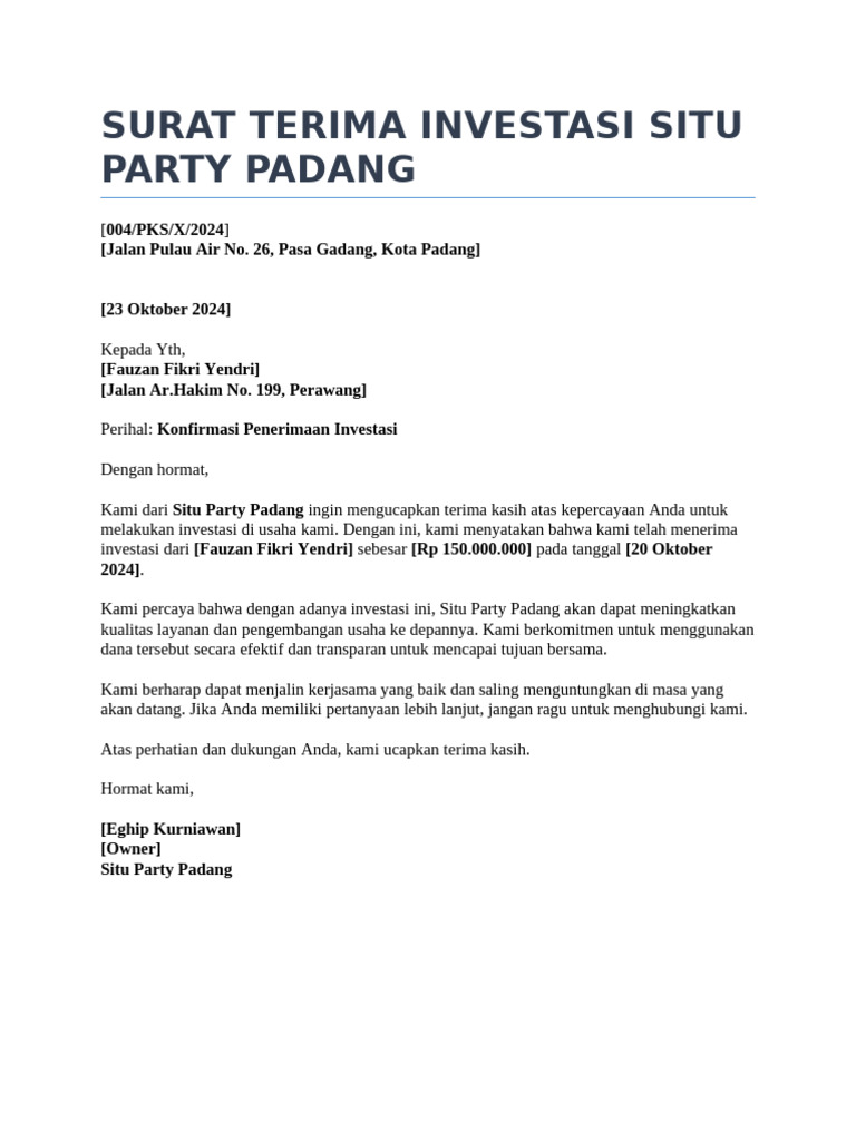 Konfirmasi Investasi Situ Party Padang | PDF