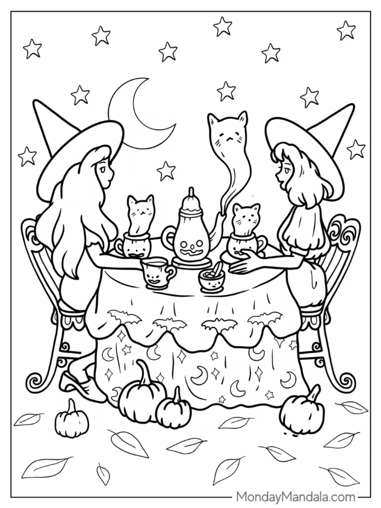 Kawaii Halloween Witches Coloring Page | PDF