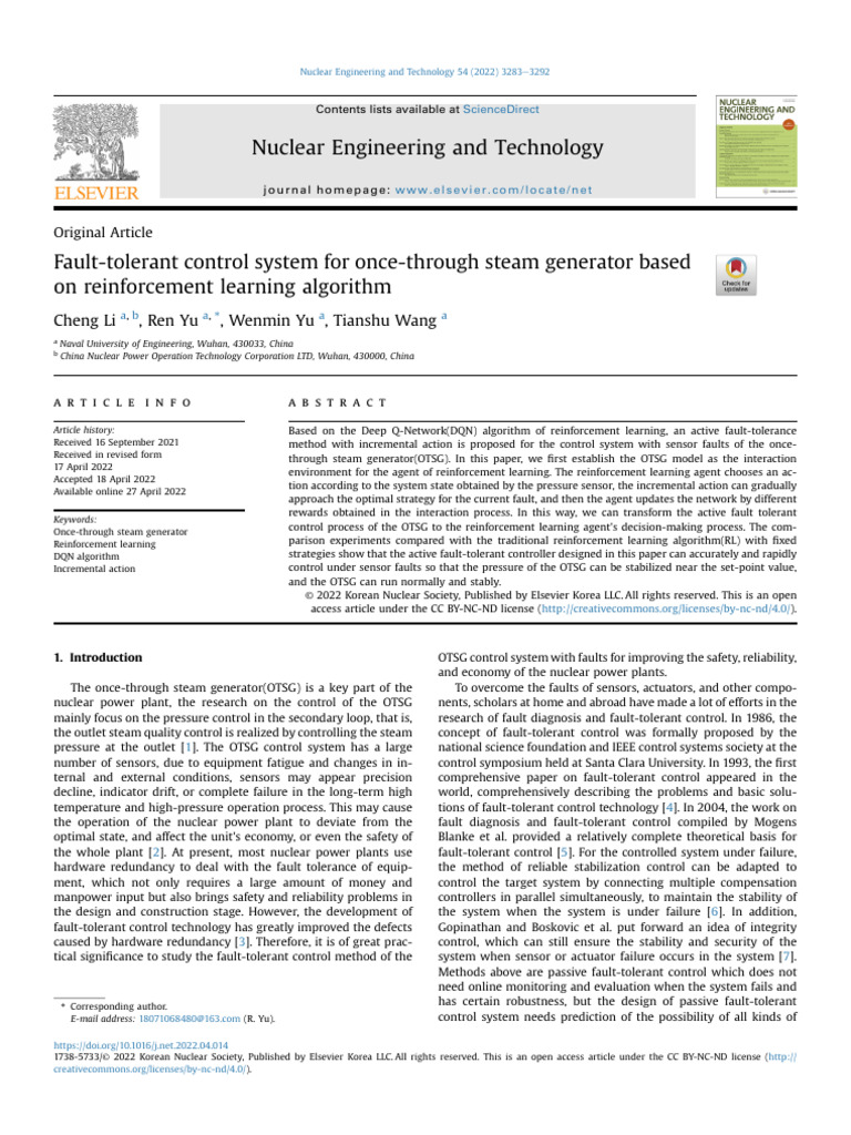 Fault-tolerant control system for once-through steam generator based on reinforcement learning ...