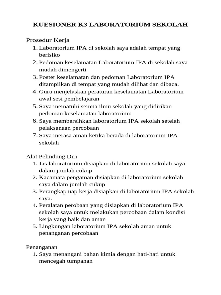 Kuesioner k3 Laboratorium Sekolah | PDF