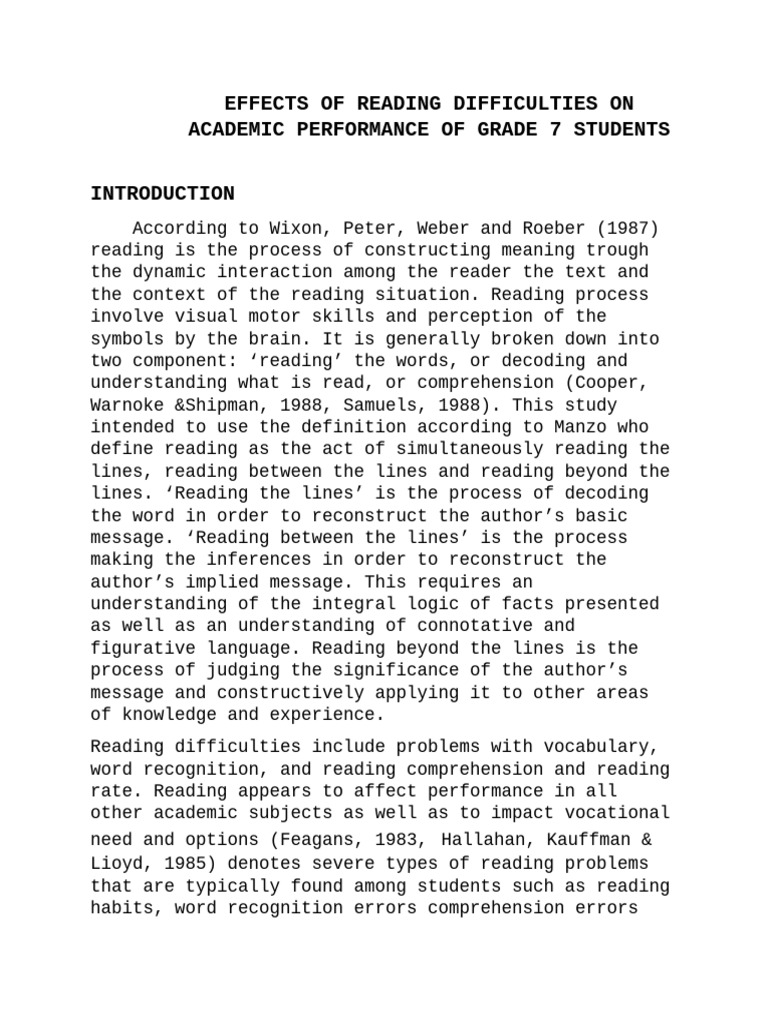 Effects of Reading Difficulties On Academic Performance of Grade 7 ...