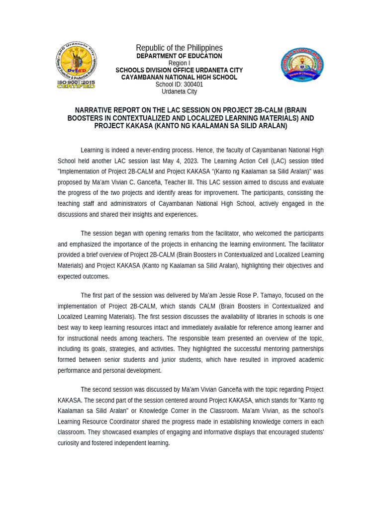 Narrative Report on Project 2B-CALM and Project KAKASA | PDF | Learning ...