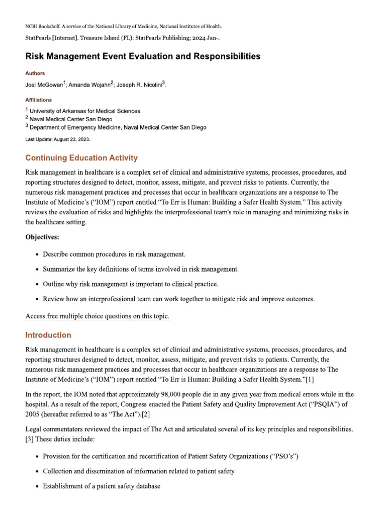 Risk Management Event Evaluation and Responsibilities | PDF