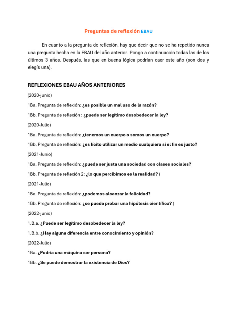Preguntas de Reflexión EBAU Comentadas | PDF | Moralidad | Verdad