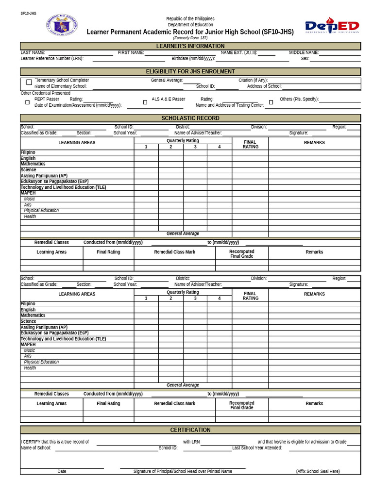 School-Form-10-JHS-Learners-Academic Permanent-Record | PDF | Middle Schools