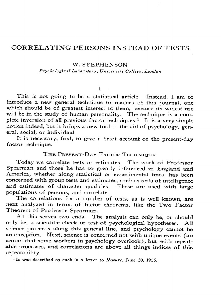 Correlating Persons Instead of Tests - Stephenson (1935) | PDF ...
