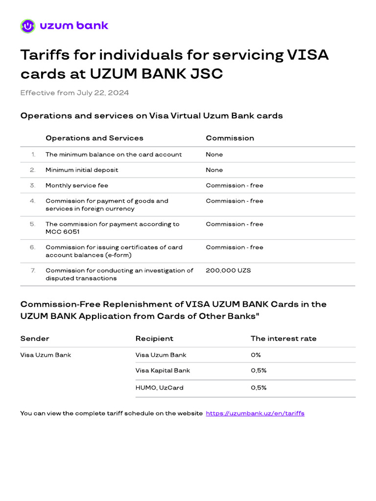 Uzum Card - Tariffs - En | PDF