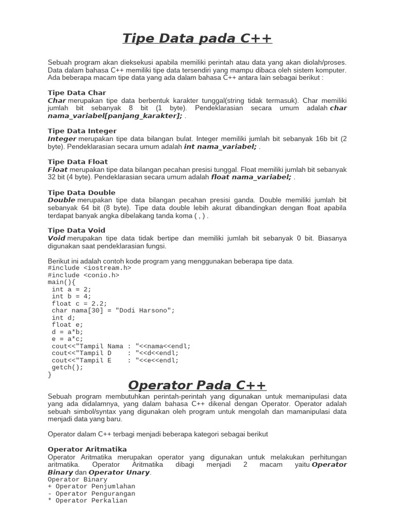 Tipe Data Dan Operator Pada C | PDF