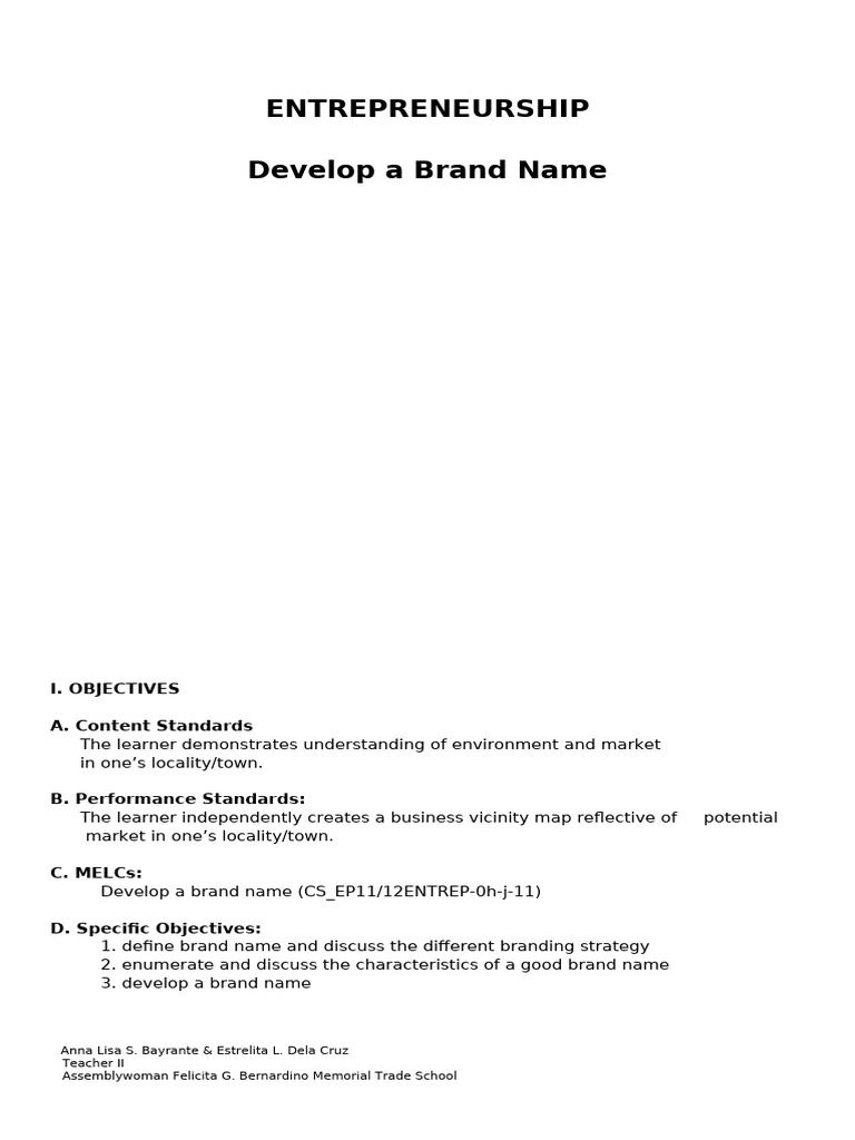 Developing A Brand Name | PDF | Brand | Entrepreneurship
