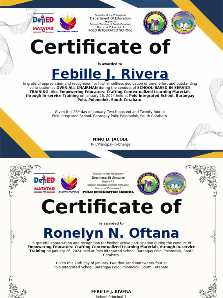 Certificate For Inset 2023-2024 (MPRE2) | PDF