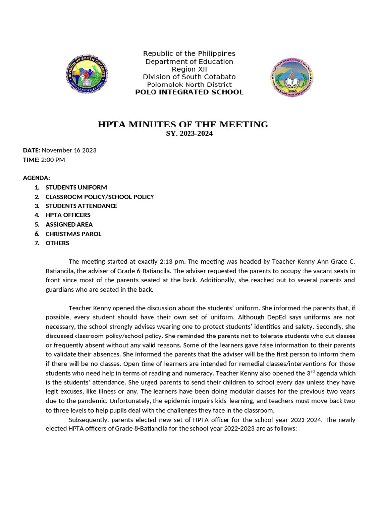HPTA MINUTES (SY 2023-2024) | PDF