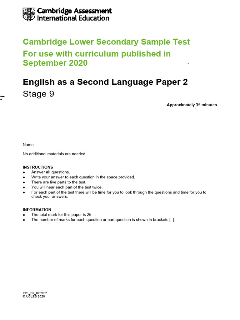 English As A Second Language Stage 9 Sample Paper 2 - tcm143-595851 | PDF
