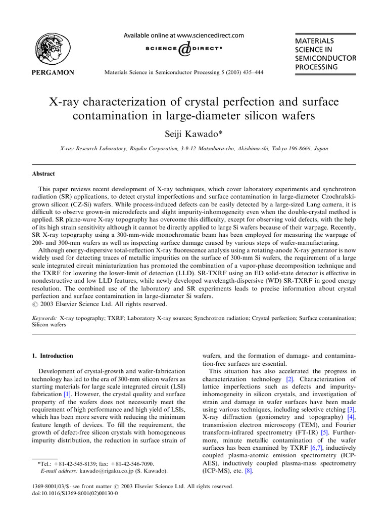 X-Ray Characterization of Crystal Perfection and Surface Contamination ...