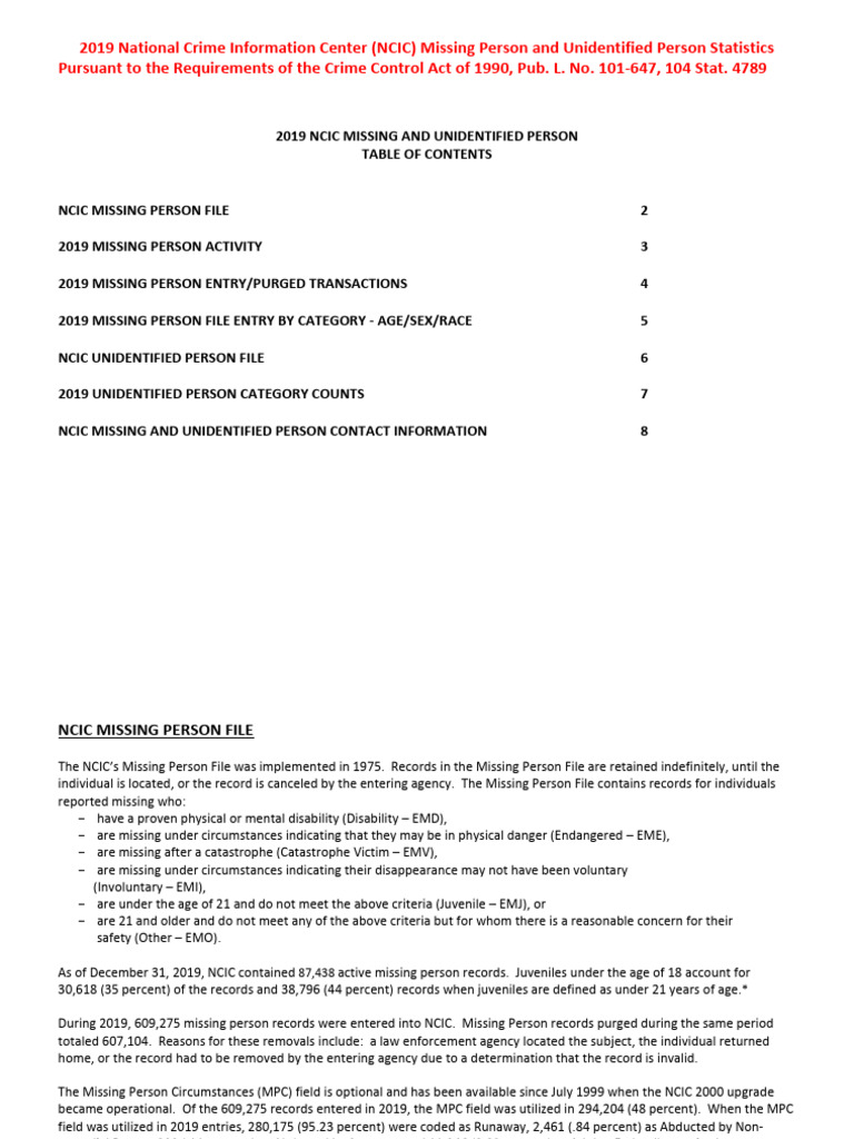 2019 Ncic Missing Person and Unidentified Person Statistics | PDF | Criminal Law | Crimes