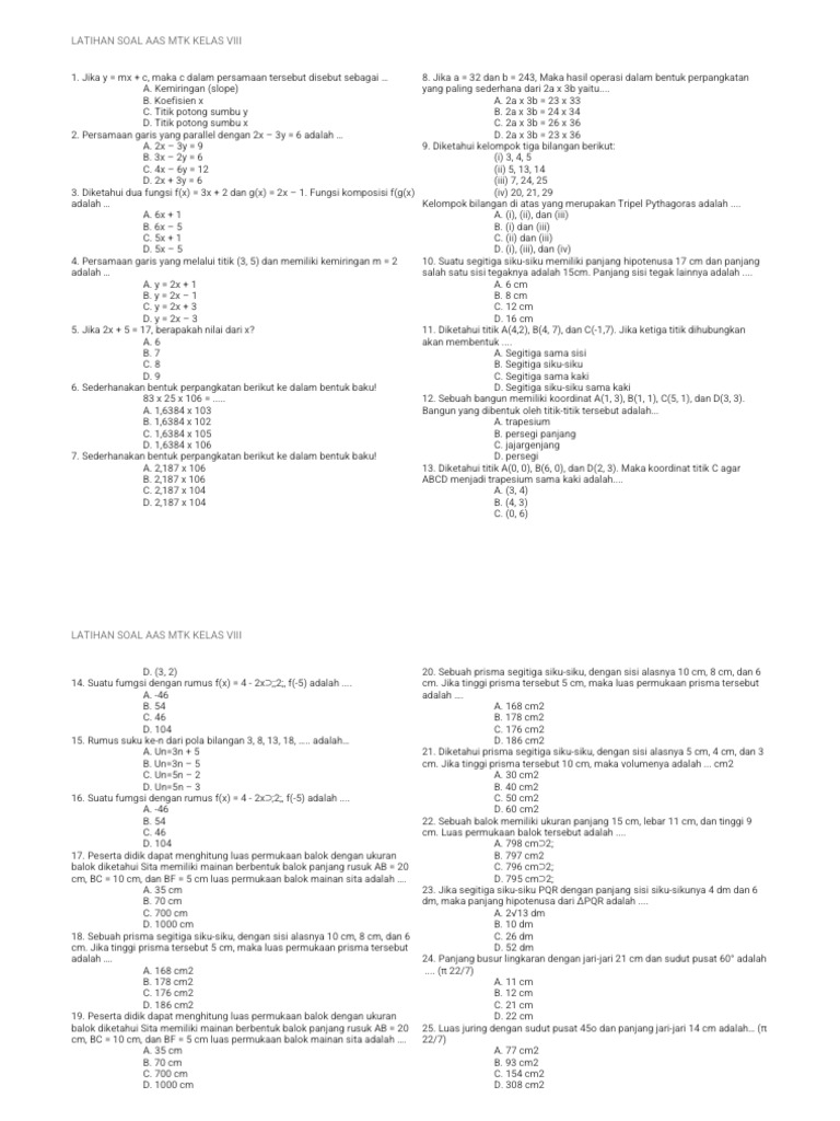 SOAL PAS MTK KLS 8 | PDF
