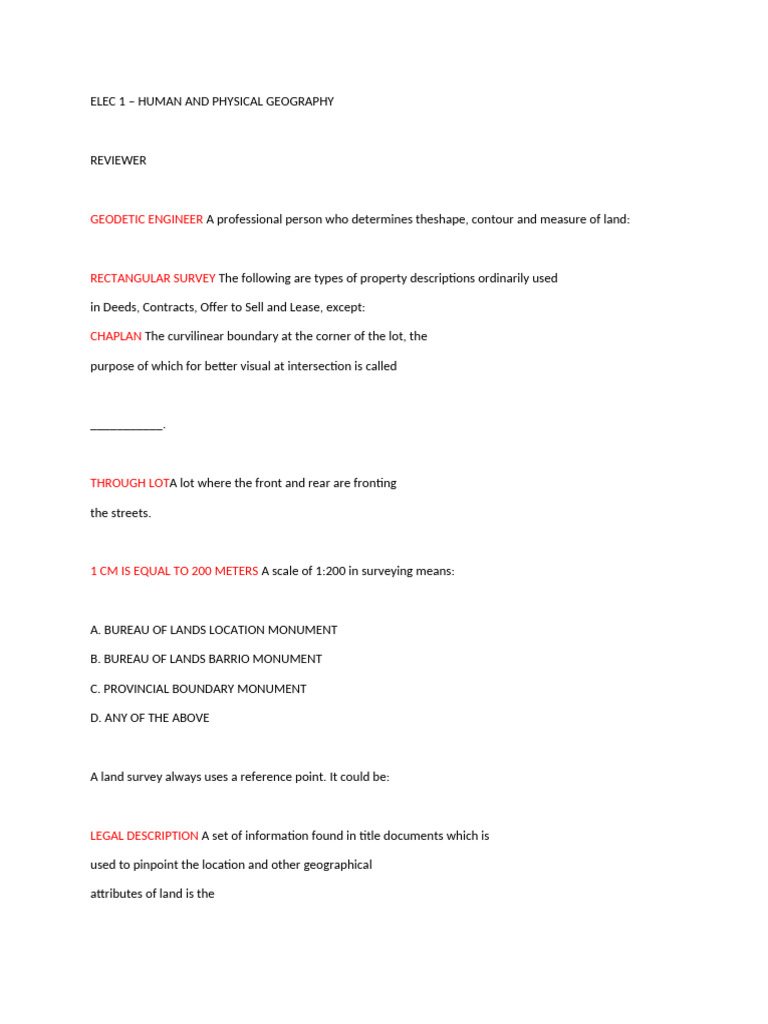 ELEC 1 REVIEWER | PDF | Land Lot | Surveying
