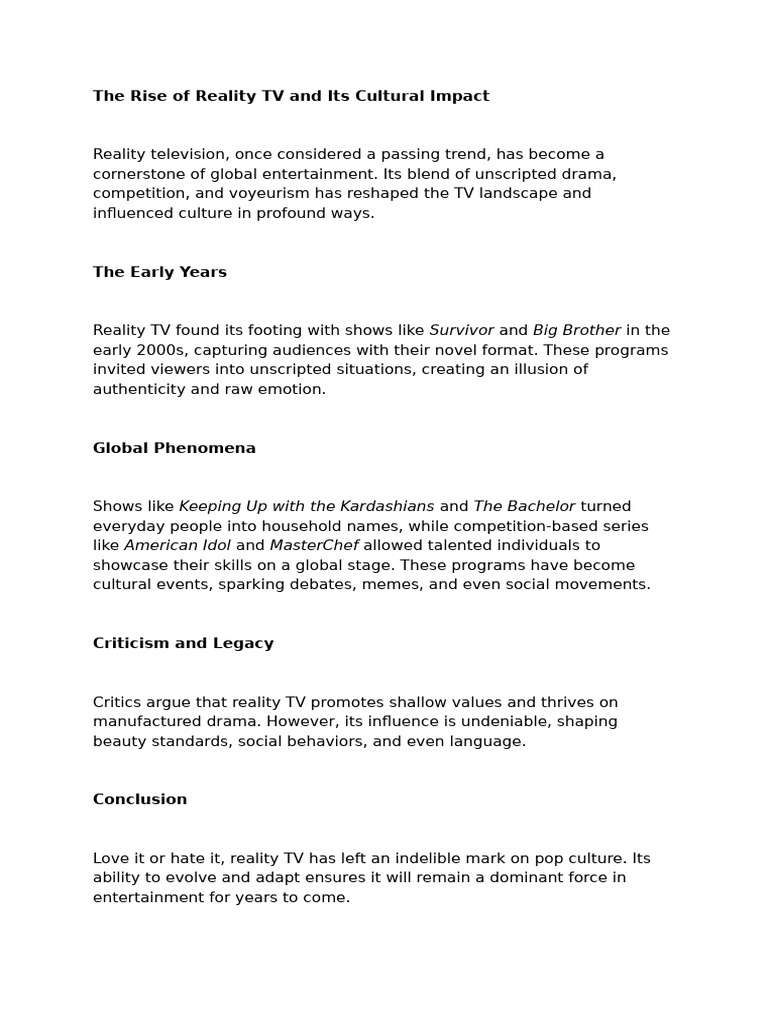 The Rise of Reality TV and Its Cultural Impact | PDF