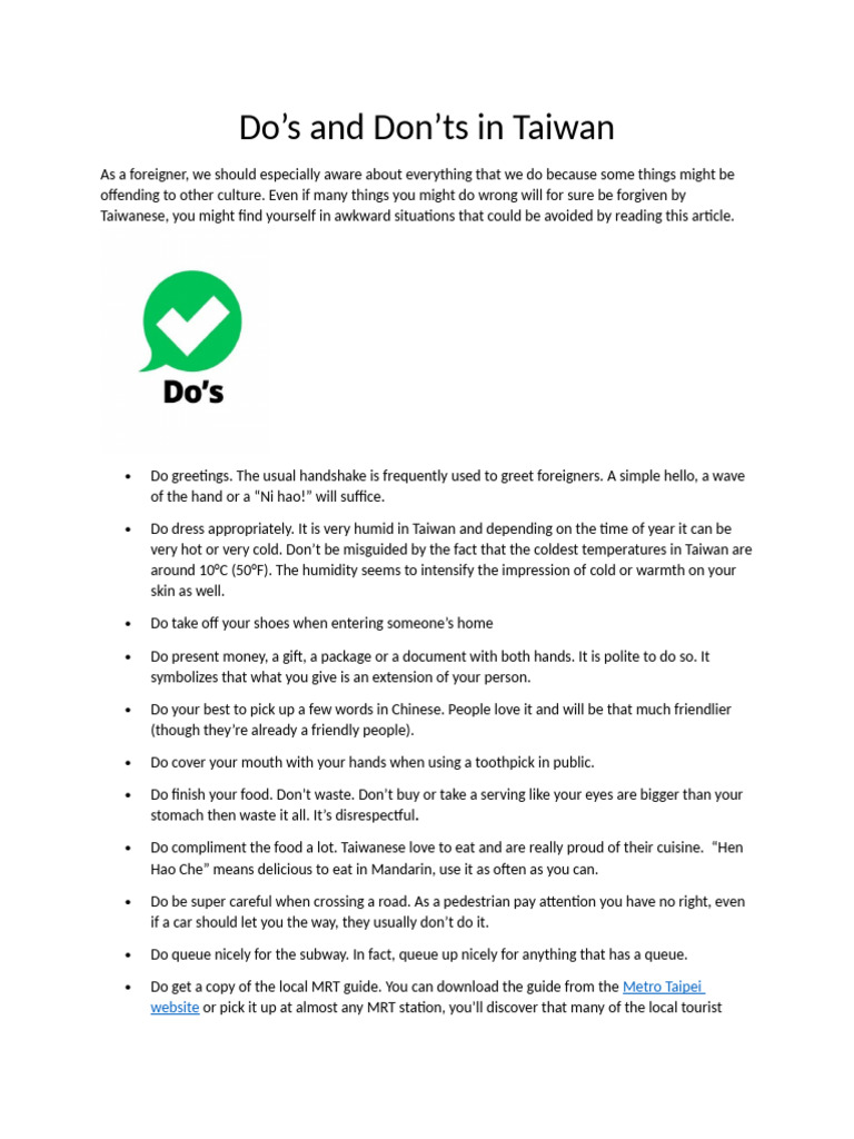 Do and Donts in taiwan | PDF