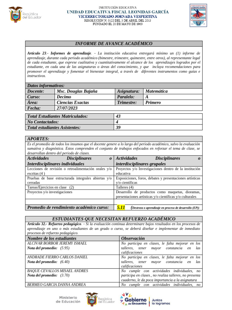 Informe de Avance Academico 10 A | PDF | Cambio | Conceptos psicologicos