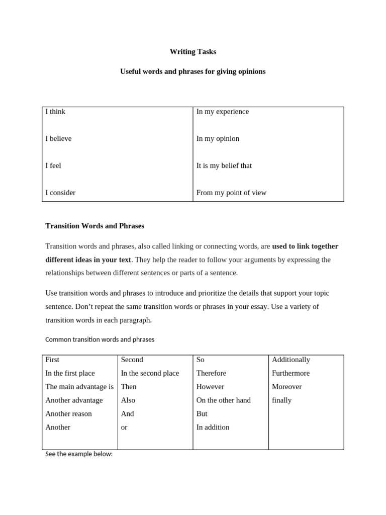 Phrases for opinions and Transition words (1) | PDF