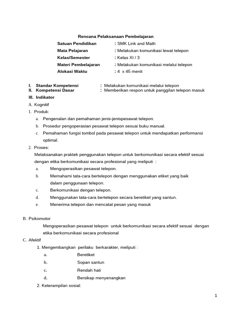 RPP Operator Telepon Front Office Kelas XI | PDF