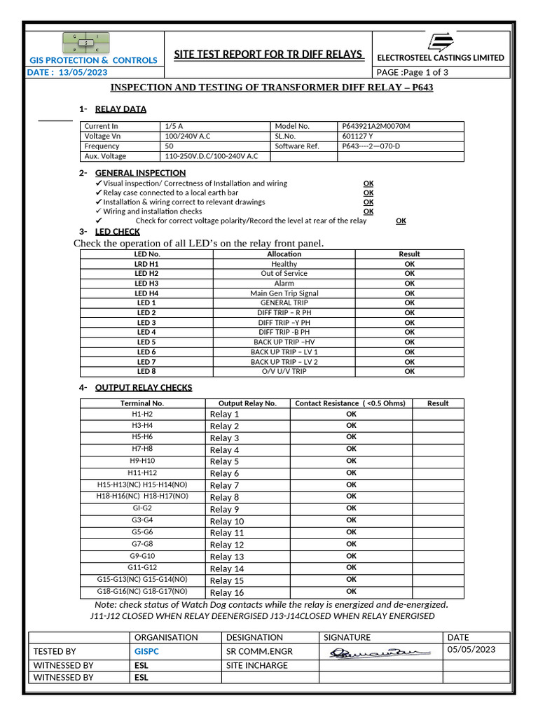 SITE TEST REPORT FOR P643 RELAY | PDF | Relay | Equipment
