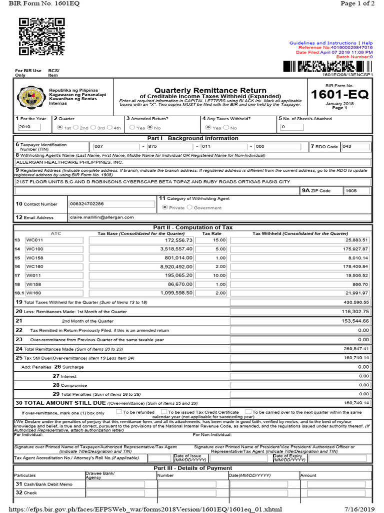Q1 2019 - 1601EQ - Filed Return | PDF | Taxes | Public Finance