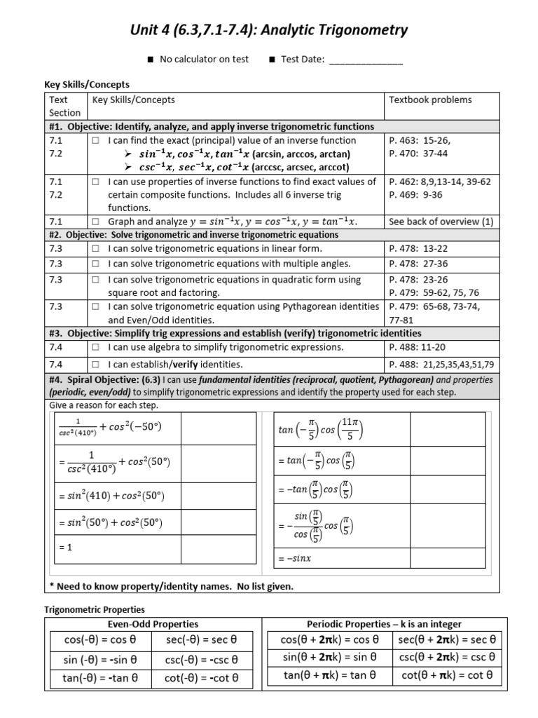 Analytic Trigonometry Unit Overview | PDF | Trigonometry | Mathematical ...