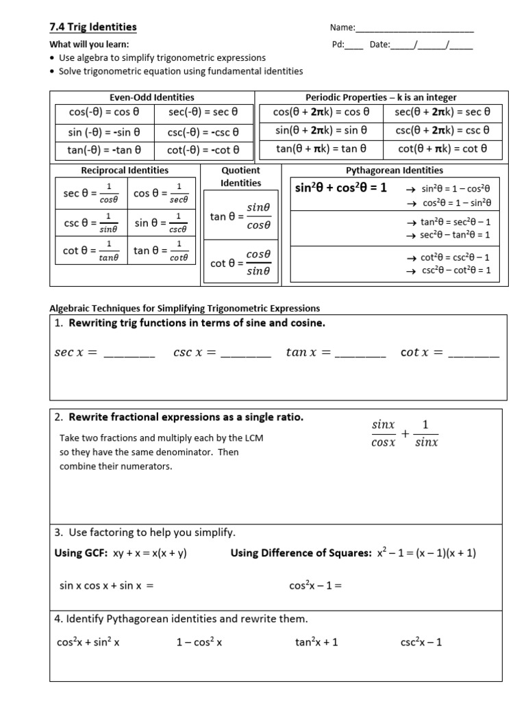 7.4 Trig Identities: sin θ + cos θ = 1 | PDF | Trigonometric Functions ...