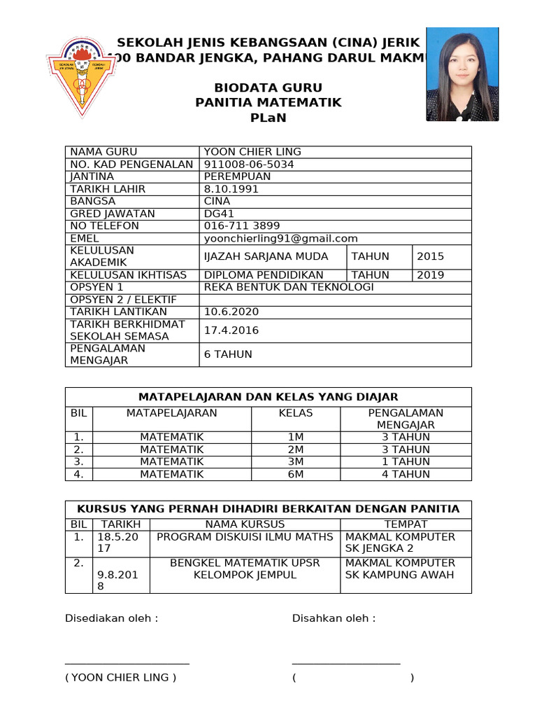 Biodata Guru PLaN MT THN 3 | PDF