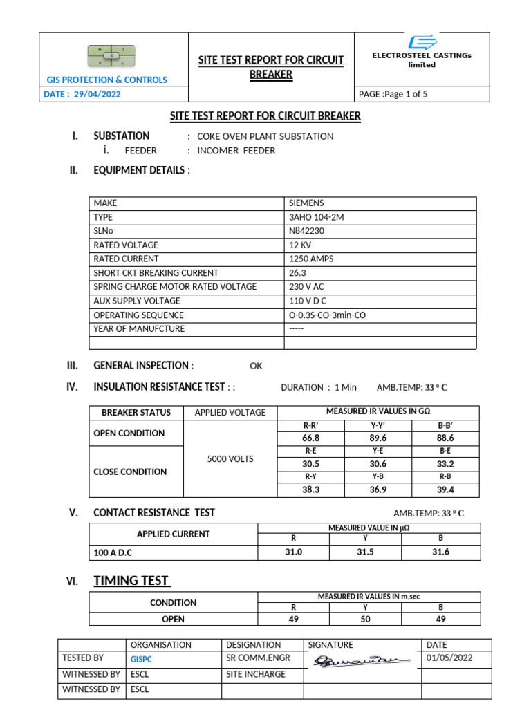 Site Test Report For Circuit Breaker | PDF | Electrical Substation ...
