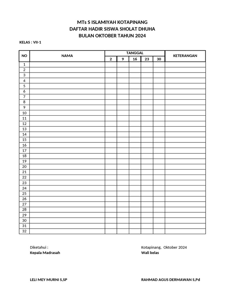 Contoh Format Daftar Hadir Sholat Dhuha | PDF