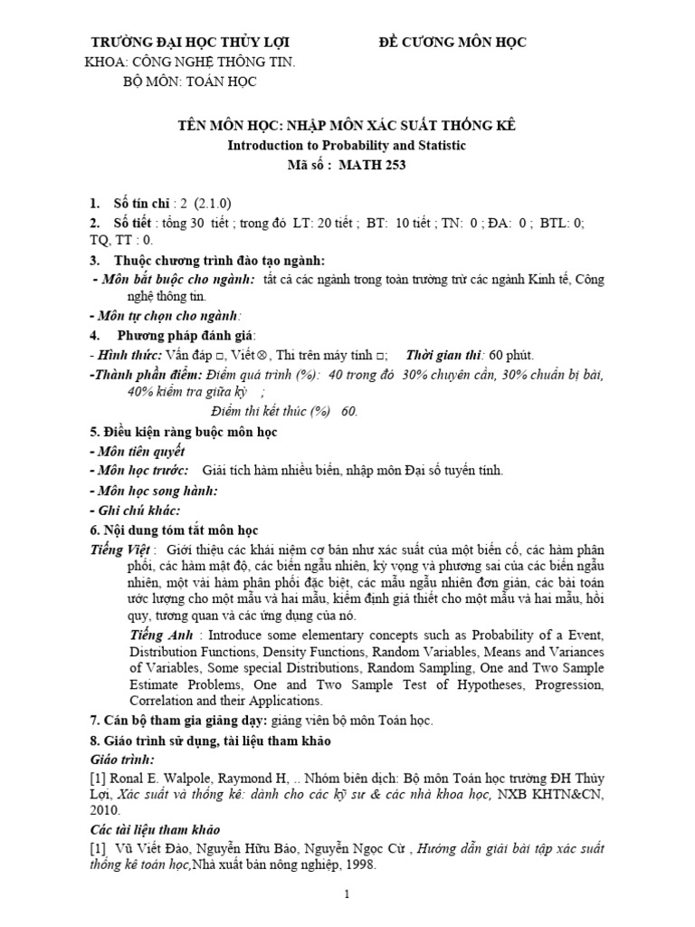 De cuong tom tat_Nhap mon XSTK_2TC (2 tiet hoac 3 tiet_buoi) | PDF